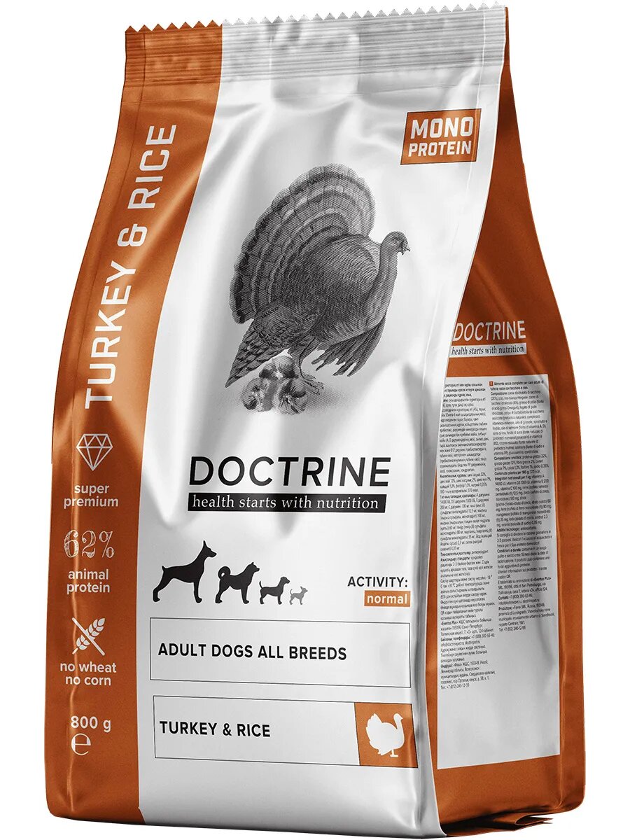 Корм сухой Doctrine Adult Dog All Breeds Turkey & Rice для взрослых собак всех пород, индейка и рис, 0,8 кг 4 шт