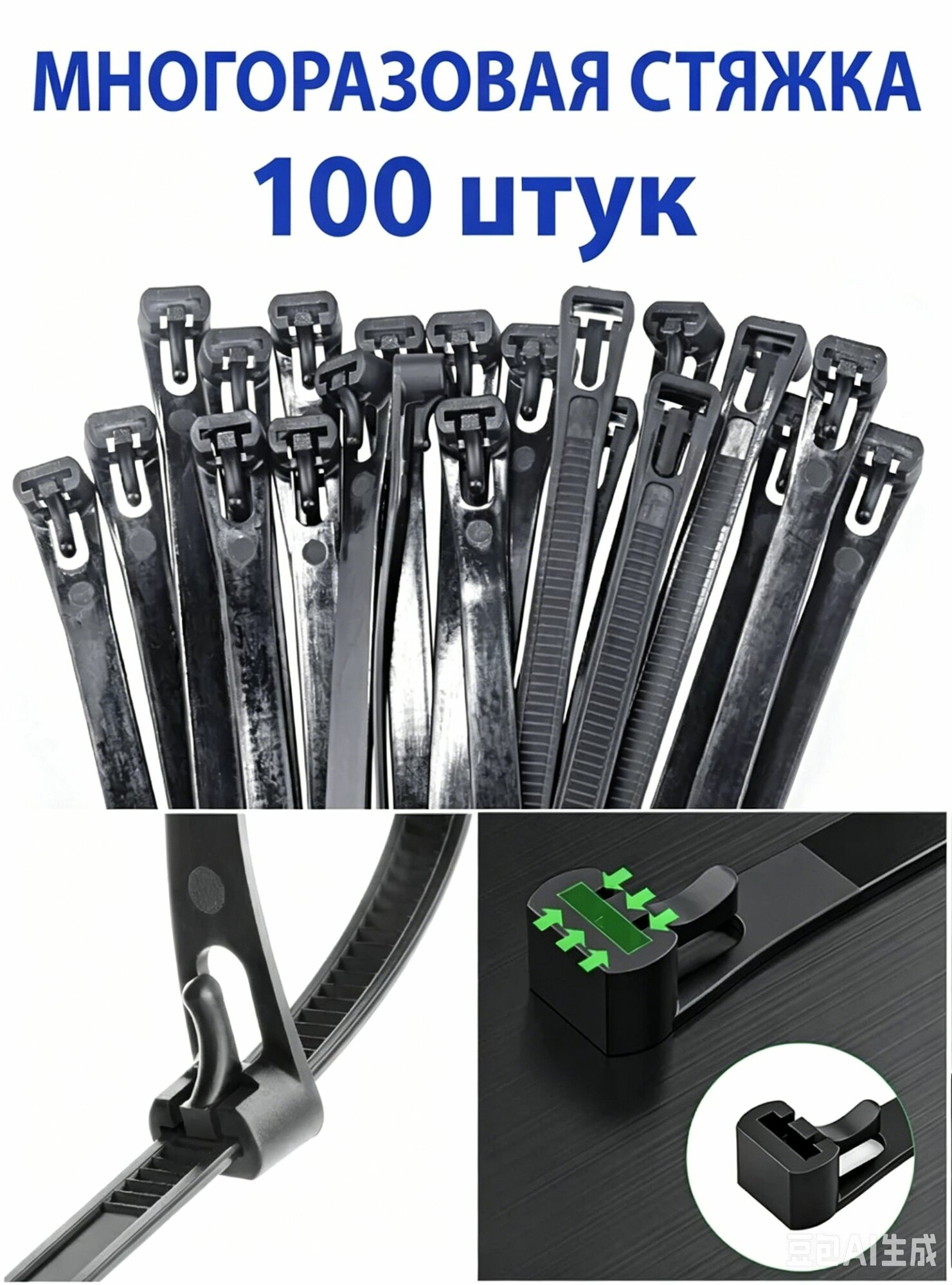 Стяжка 7.5мм x 200мм, 100 шт, Пластик