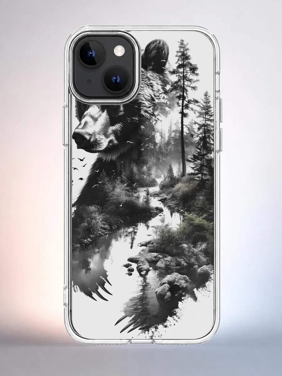 Чехол iPhone 13 медведь лес силуэт силиконовый
