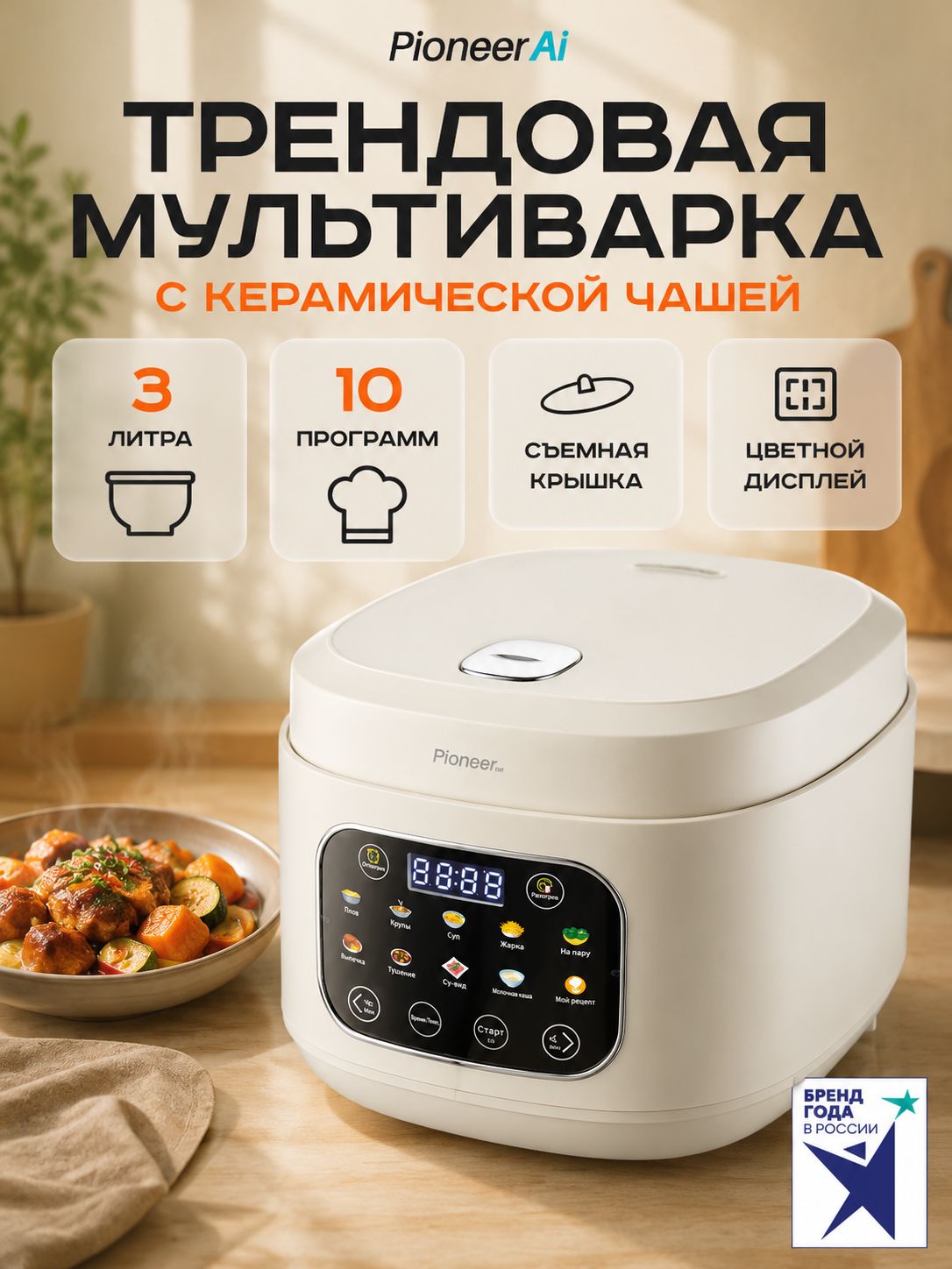 Мультиварка компактная 3л с цветным дисплеем на русском языке, керамическая чаша, съемная крышка,10 автопрограмм, SUVIDE, мультиповар, 650 Вт, модель Pioneer MC300