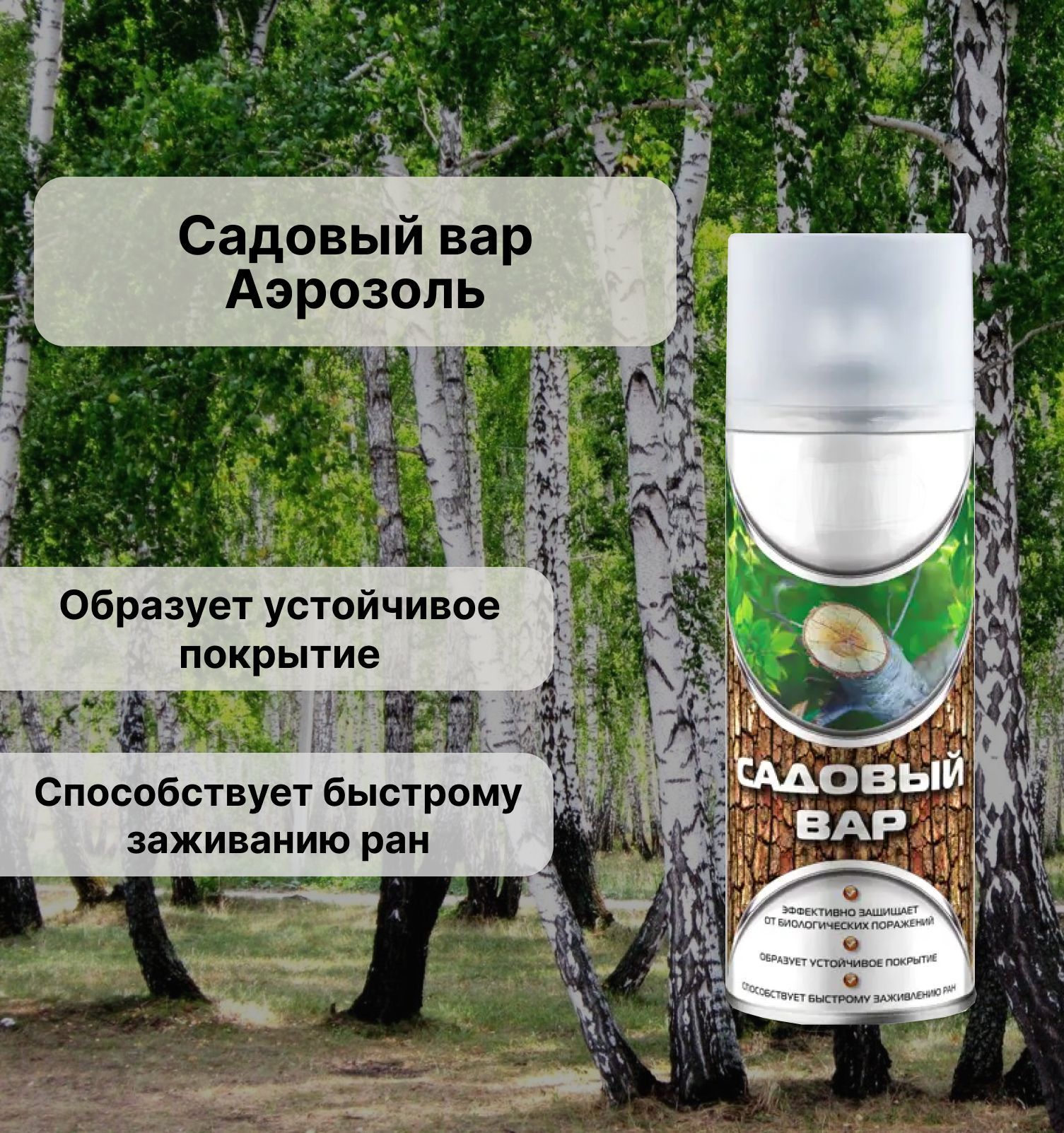 Садовый вар образует устойчивое покрытие, аэрозоль 520 мл, для заживления ран плодовых и декоративных деревьев и кустарников при обрезке, прививках, солнечных ожогах и поражениях вредителями