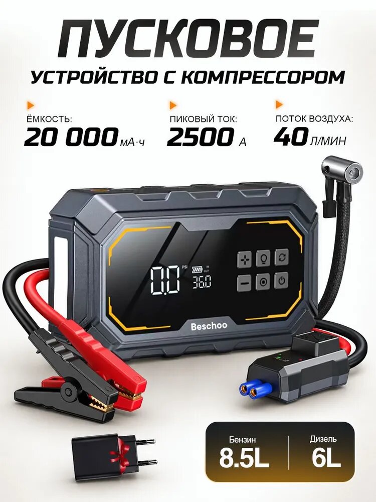 Пусковое устройство для автомобиля с компрессором, портативное 12в,2500A,20000 мАч