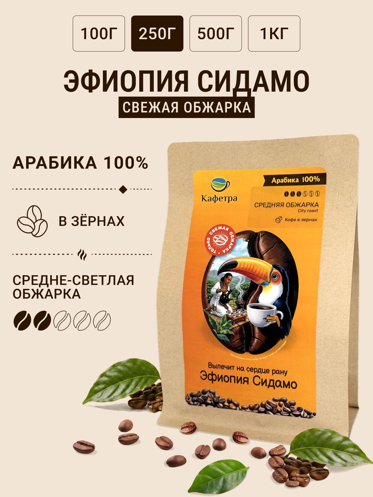 Кофе в зернах Эфиопия Сидамо средне-светлая обжарка 250г