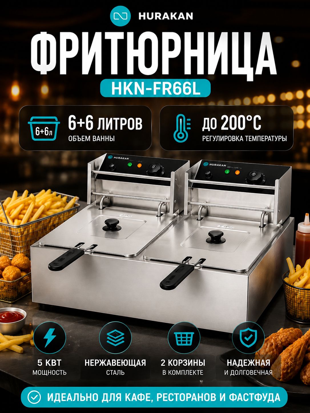 Фритюрница профессиональная со съемной чашей HURAKAN HKN-FR66L 12 л нержавеющая сталь