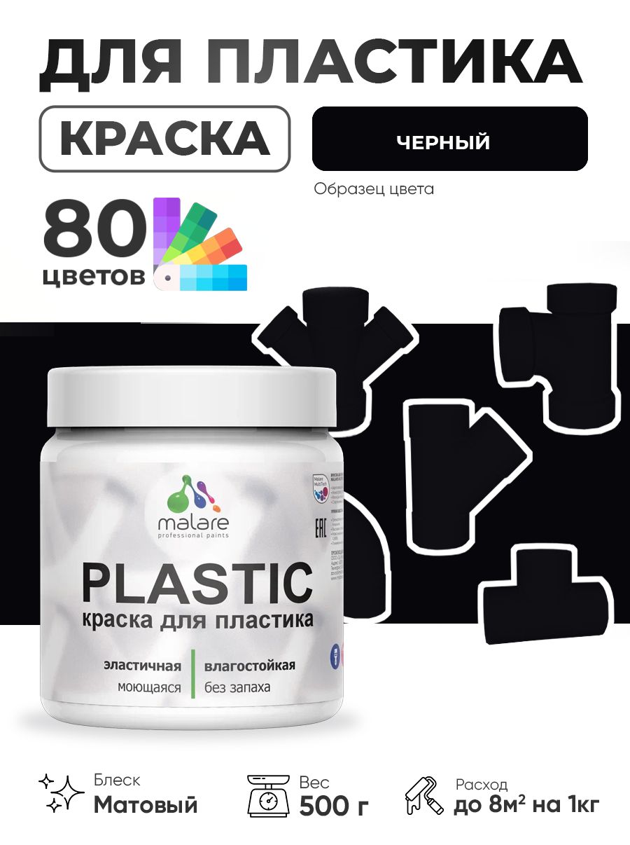 Акриловая краска для пластика Malare Plastic для пенопласта ПВХ сайдинга, для подоконников и откосов, быстросохнущая без запаха, матовая, черный, 0.5 кг