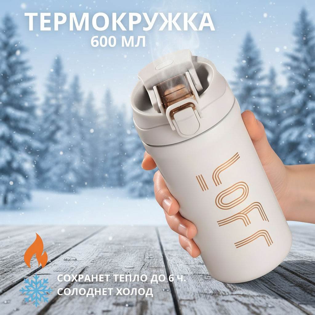 Походный термос кружка 0.6 л белый авто 19 см