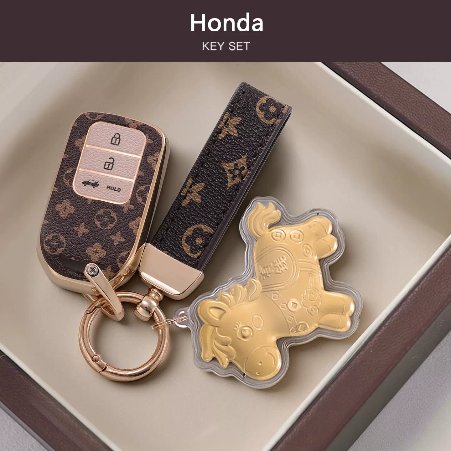 Ключевой брелок из матовой кожи для Honda Accord 9-го поколения, CR-V, Civic - золотая застежка с цепочкой