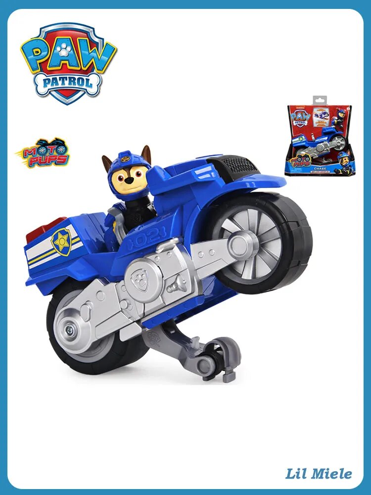 Paw Patrol Moto -это откидной мотоцикл Pups Chase от Paw Patrol Moto с функцией колеса и игрушечными персонажами.
