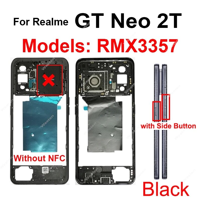 Средняя рамка для Realme GT Neo Flash, GT Neo 2T, GT 5G: корпус с боковыми Черный, GT Neo 2T Black
