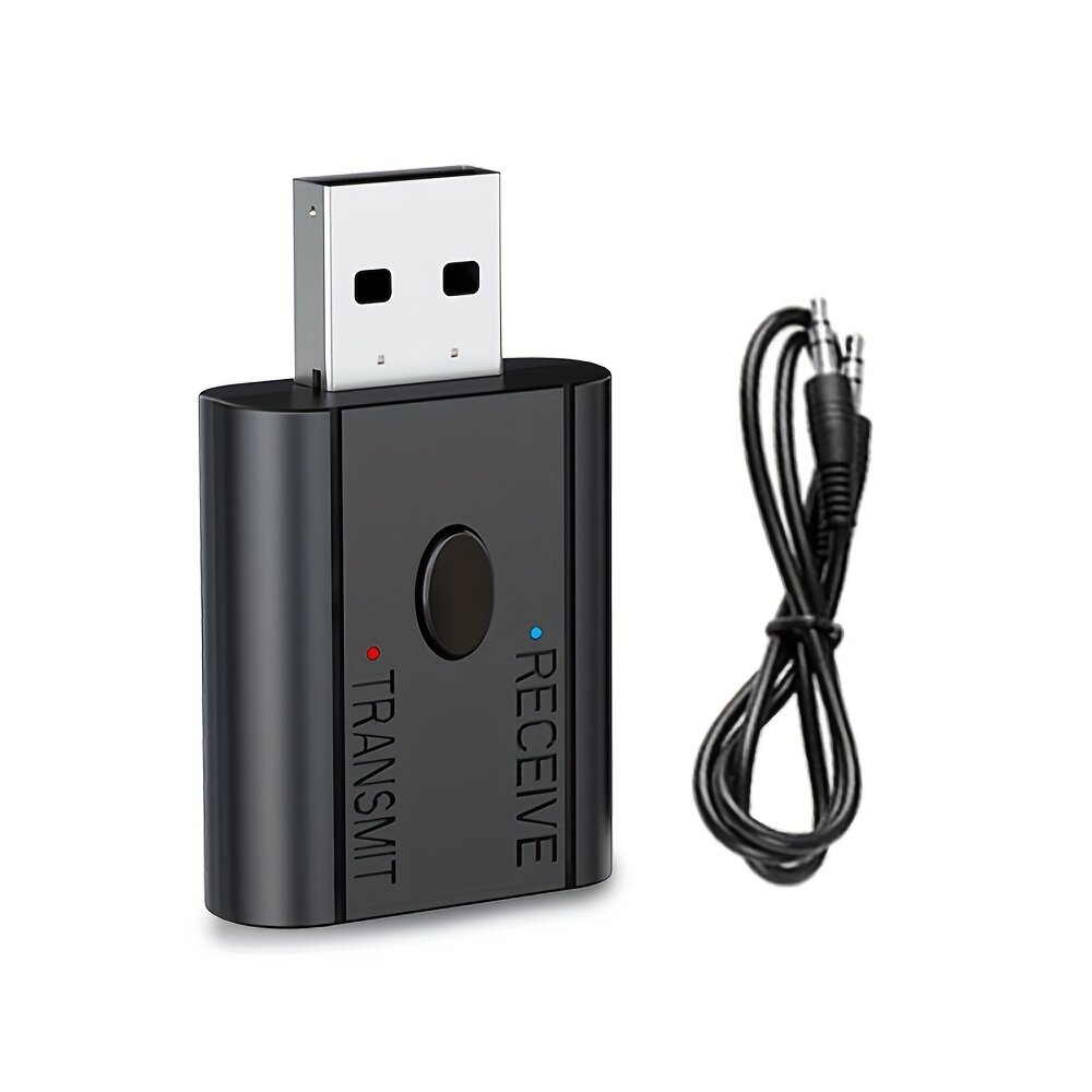 2-в-1 беспроводной Bluetooth 5.3 и FM-передатчик/приемник с кнопкой ответа, USB-питание, 3.5 мм AUX вход/выход, для громкой связи и музыки в авто, черный