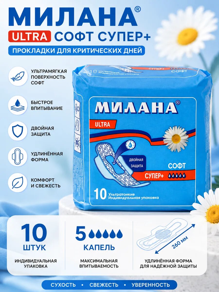 Прокладки женские удлиненные Милана 5 капель софт с крылышками 10шт