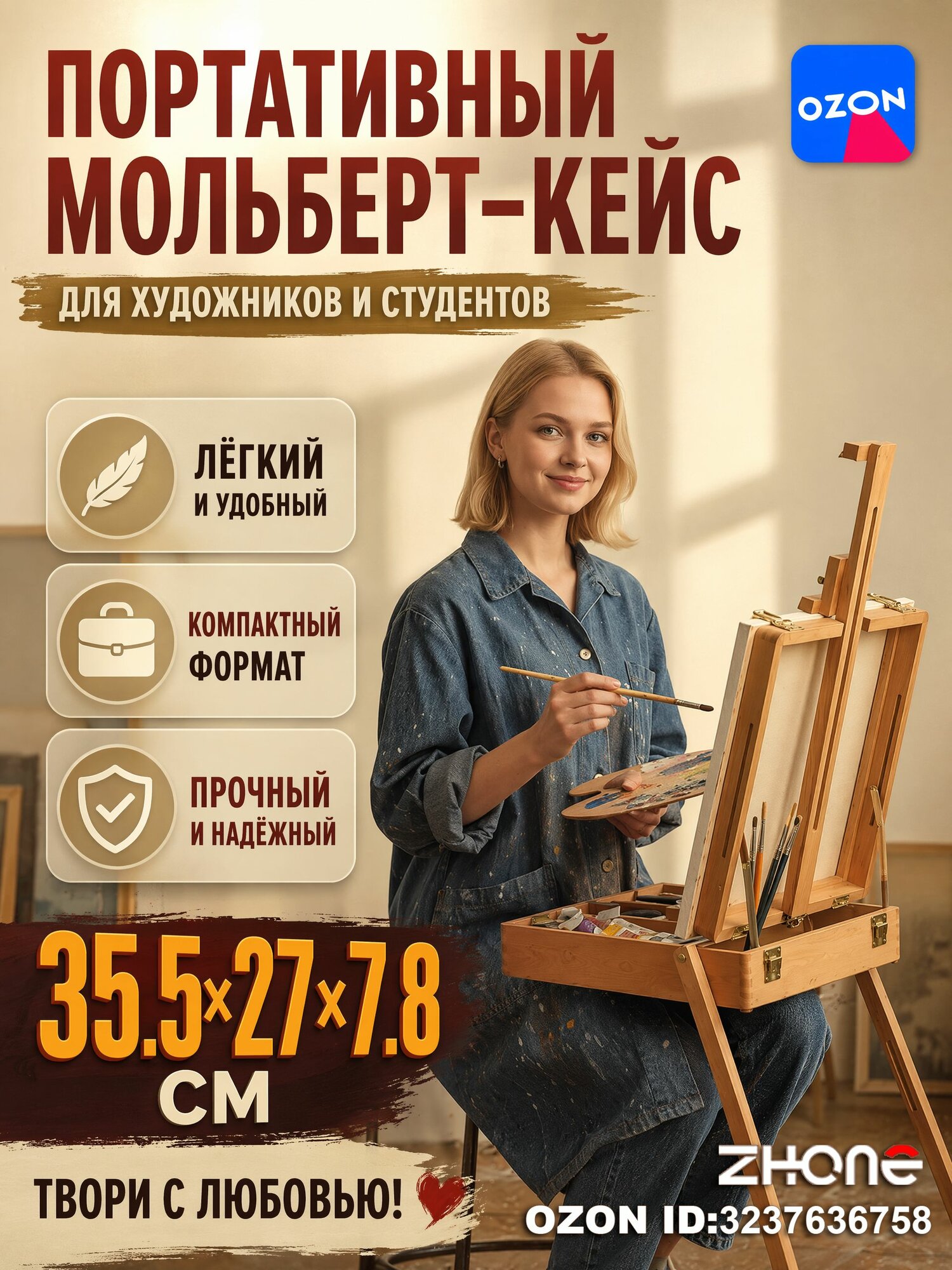 ZHONE Этюдник деревянный: комплект этюдника с мольбертом, планшетом и ручкой для художников на пленэре