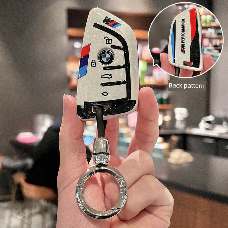 Чехол для ключа BMW с M-логотипом спортивного дизайна в белом цвете с серебристым деловым креплением для моделей X1 X3