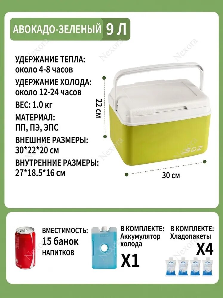 Термобокс туристический 9л зелёный, изотермический контейнер для ед напитков, 12ч холод