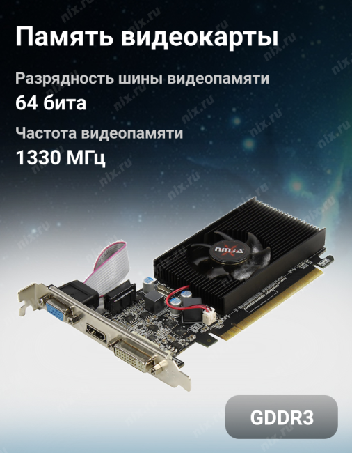 Ninja NK61NP013F (GeForce® GT 610) 1 Гб, GDDR3, 64 бита, PCI Express, 1xHDMI,1xD-Sub,1xDVI-I — фото 1