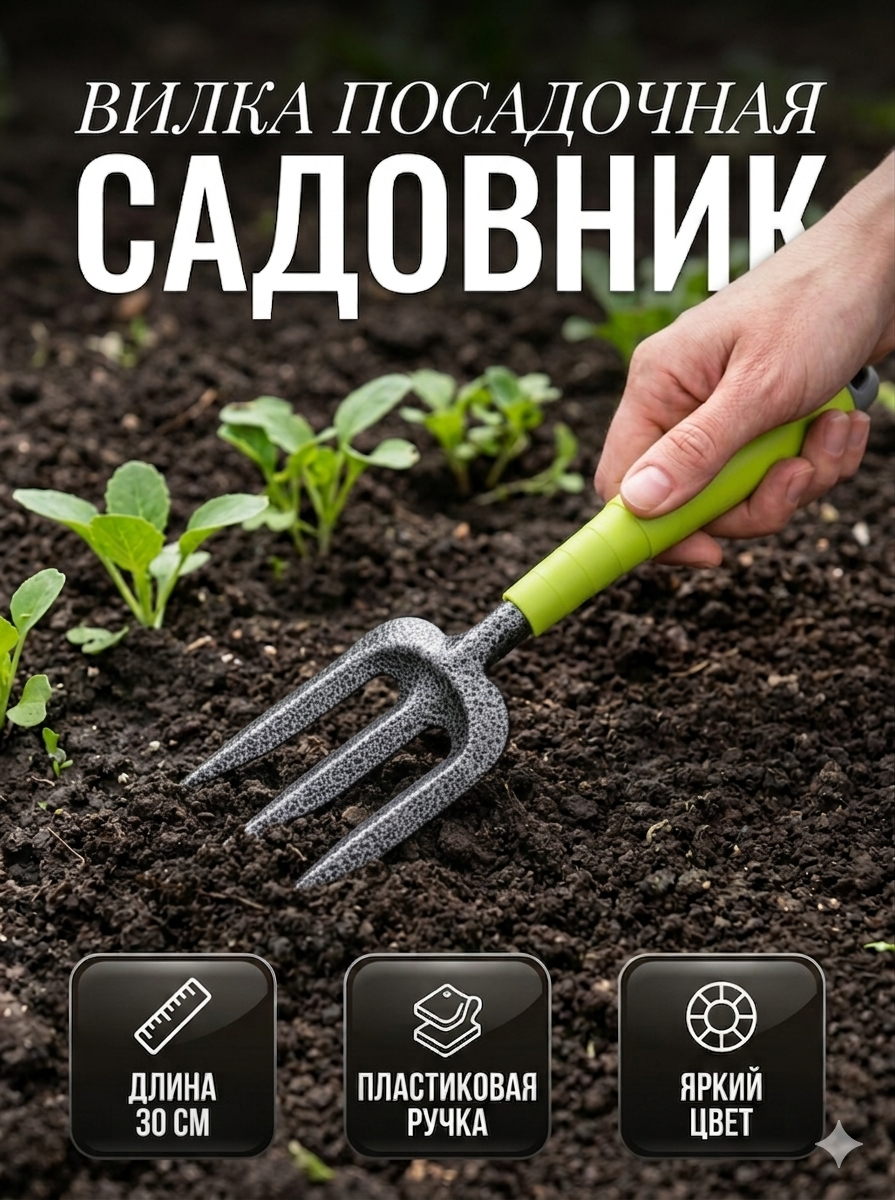 Вилка посадочная 'Садовник' 30см, металл/пластик, зеленая ручка