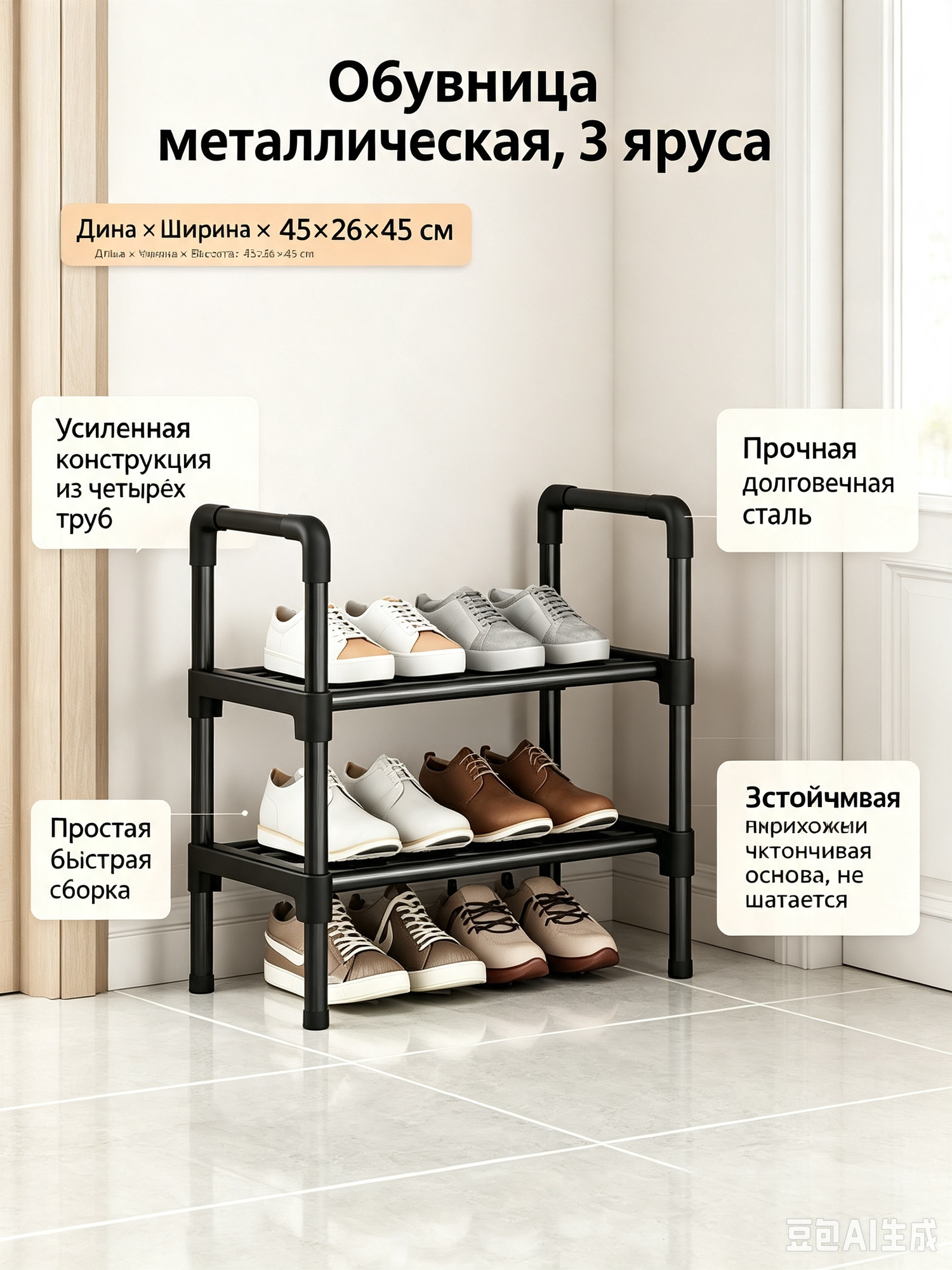 Обувница, Пластик, Сталь, 2 яруса, стальная обувница для прихожей, напольная полка для хранения обуви, 45х26х45см