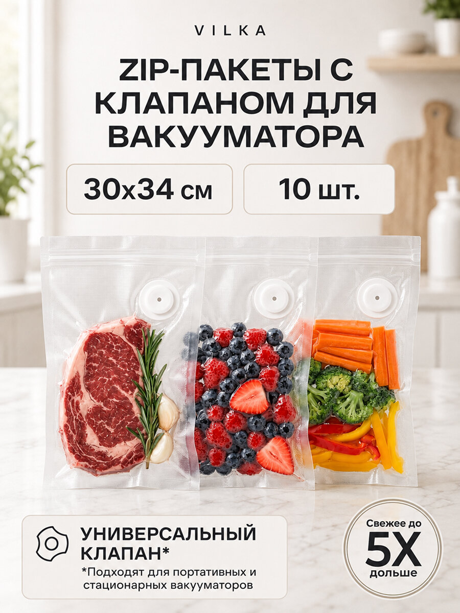 Зиппакеты Vilka, Премиум, с клапаном, для вакууматора, 30x34 см, 10 штук