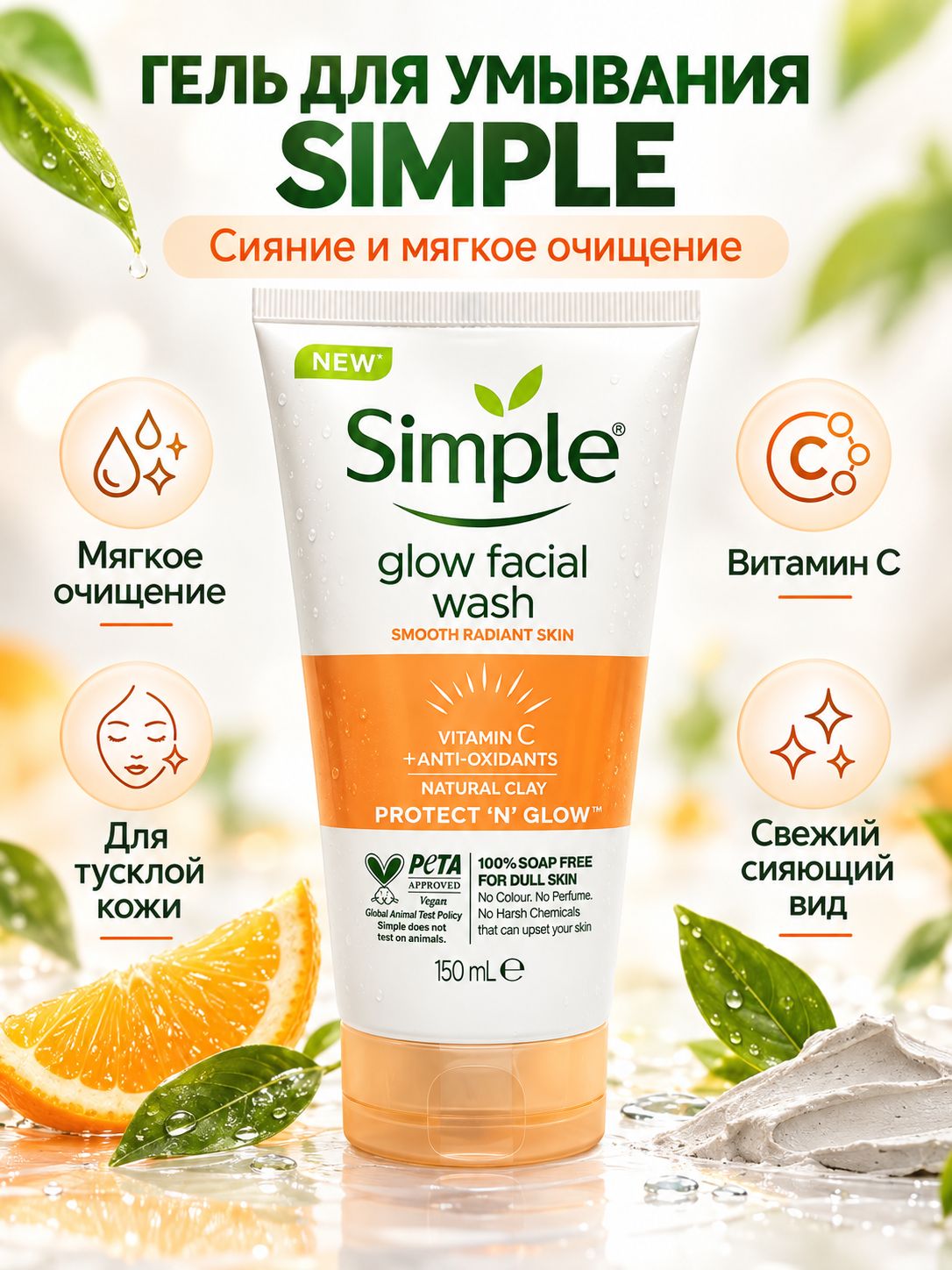 Гель для умывания Simple Glow с витамином C, 150 мл