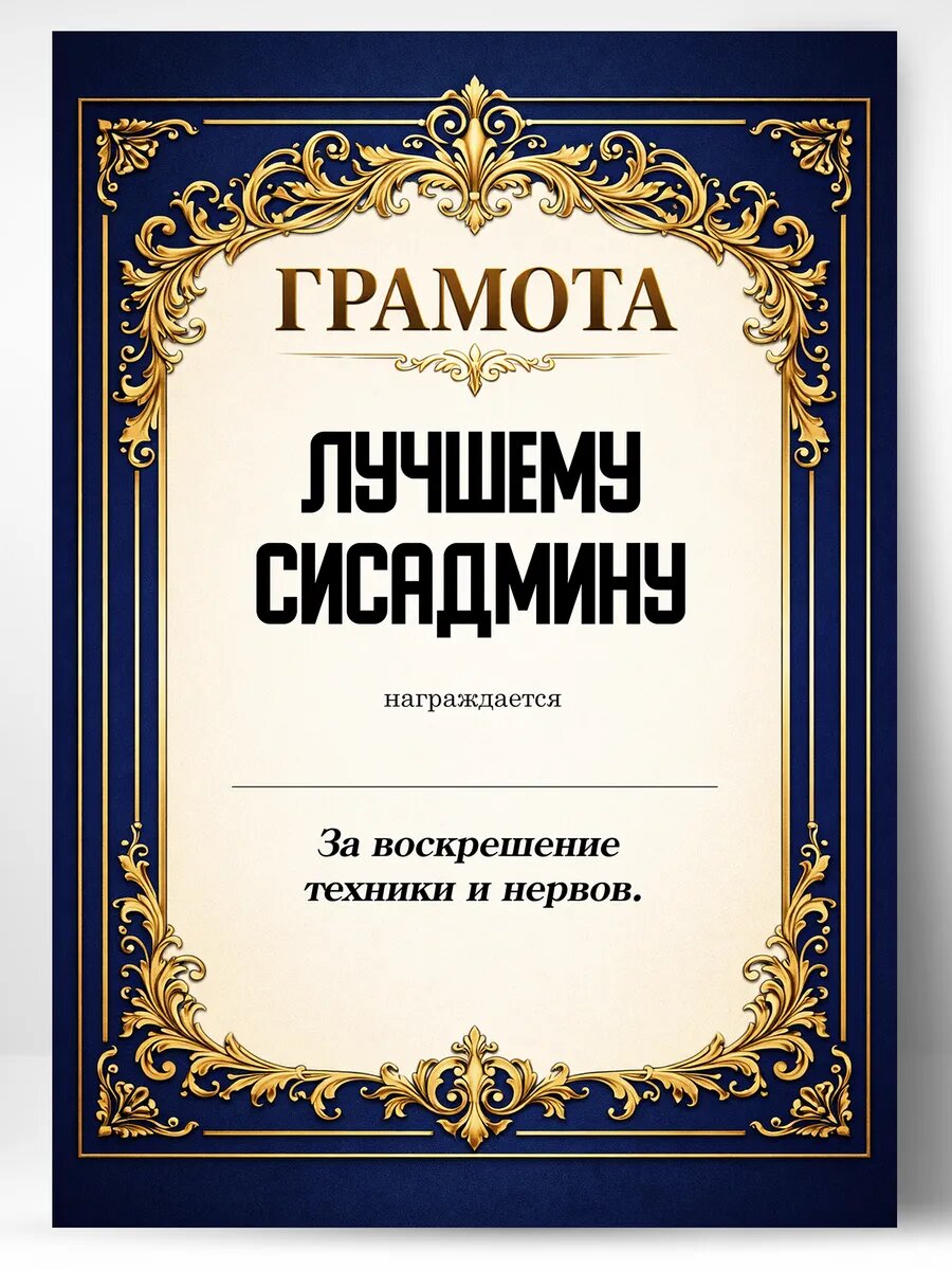 Грамота диплом в подарок - Лучшему сисадмину