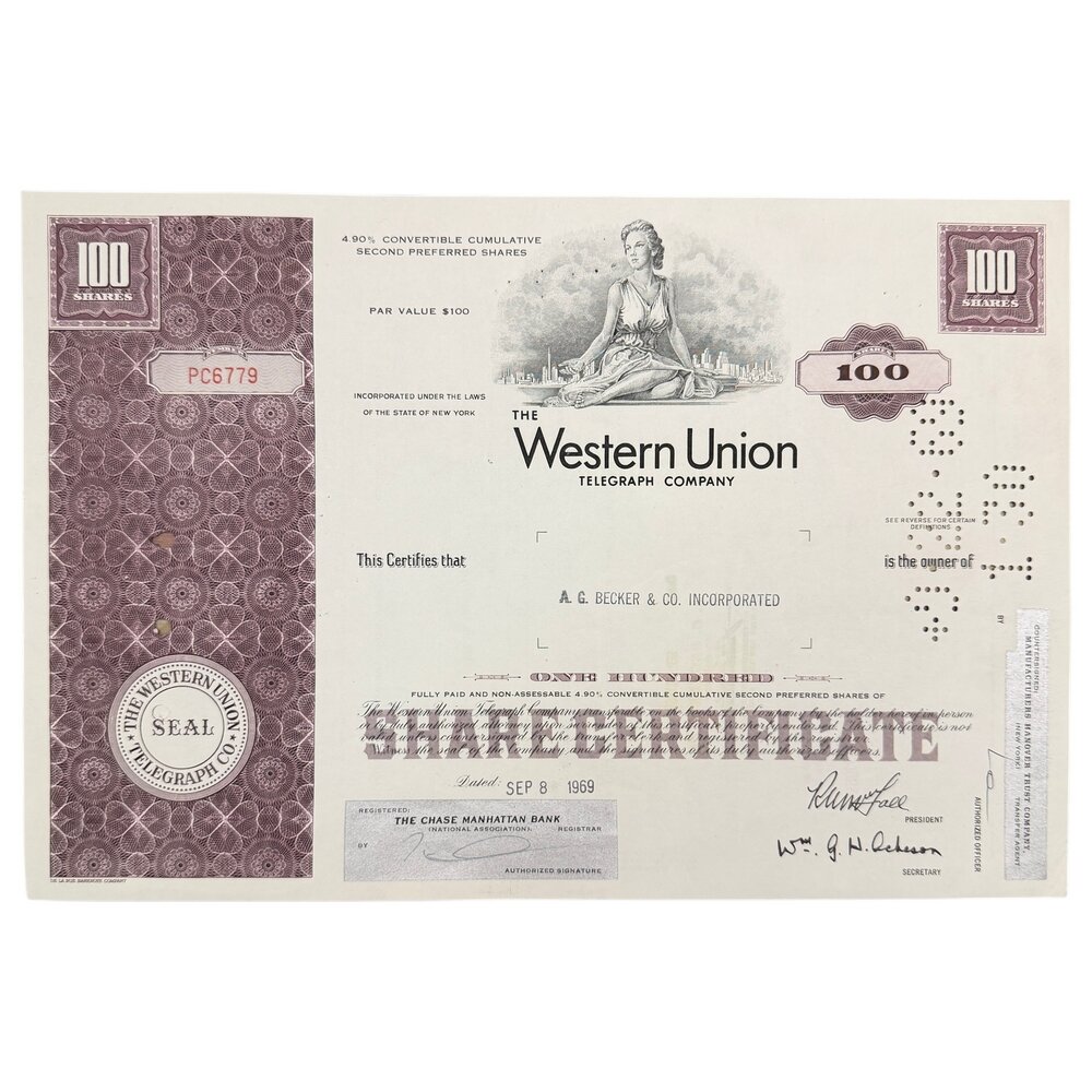 США, Western Union Telegraph company, сертификат на 100 акций 1969 г. (Серия PC)