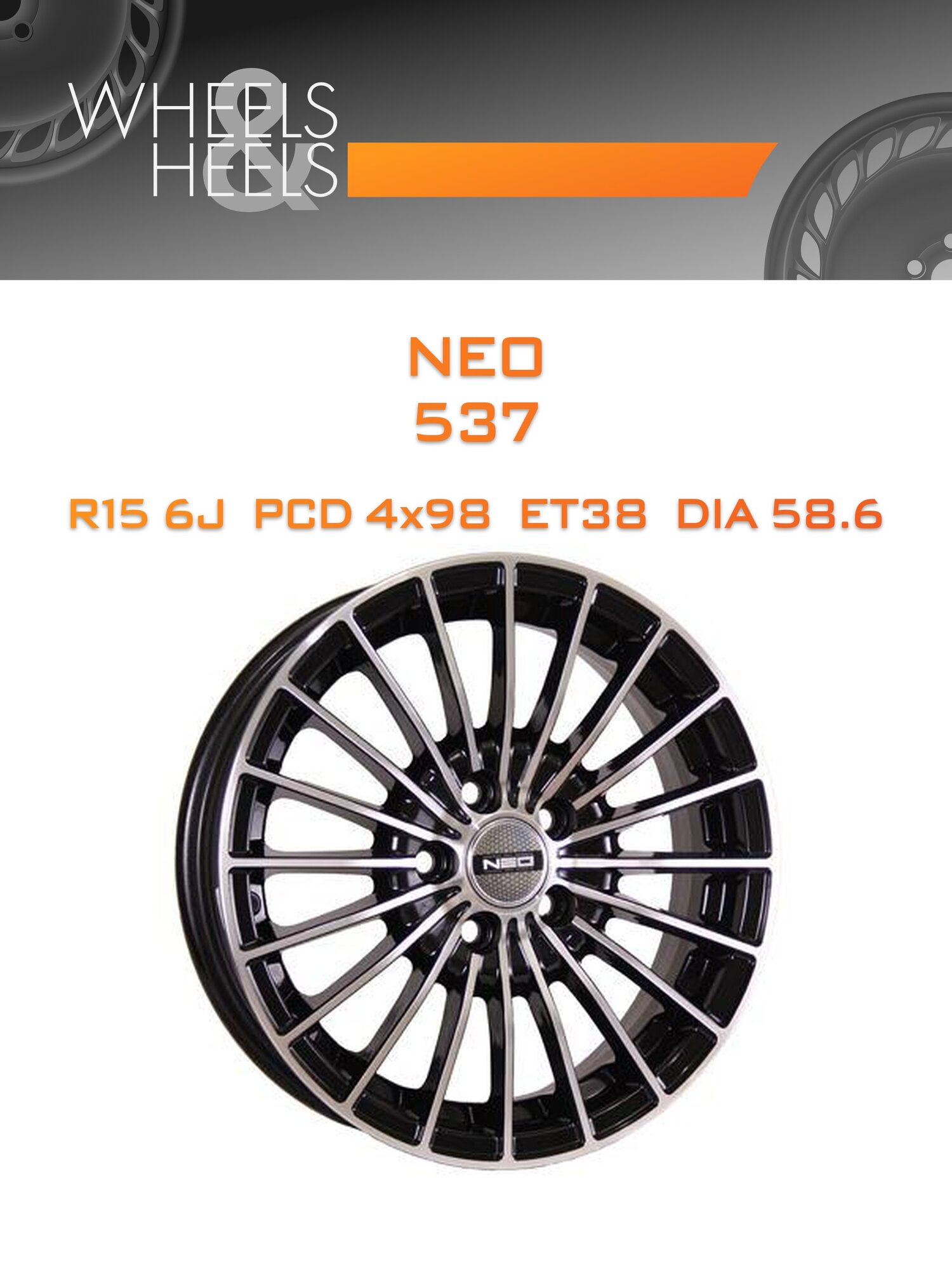 Диск автомобильный литой NEO 537 15x6 4x98 et38 dia58.6 Чёрный с полированной лицевой частью