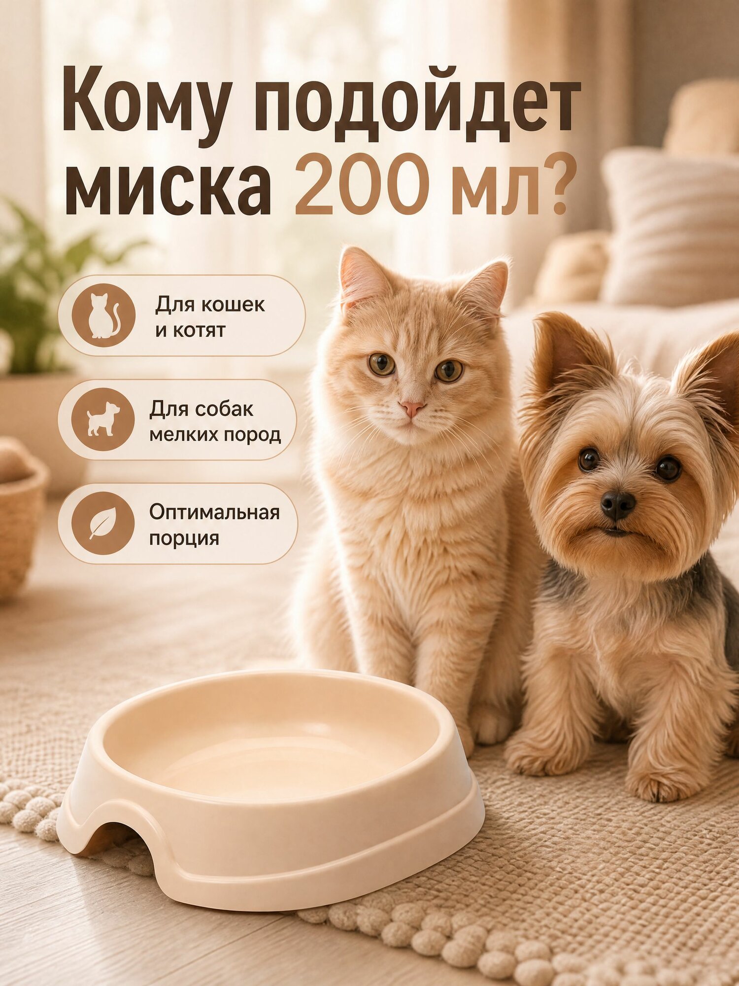 Миска для собак 200 мл, пластиковая, универсальная, бежевая, — фото 1