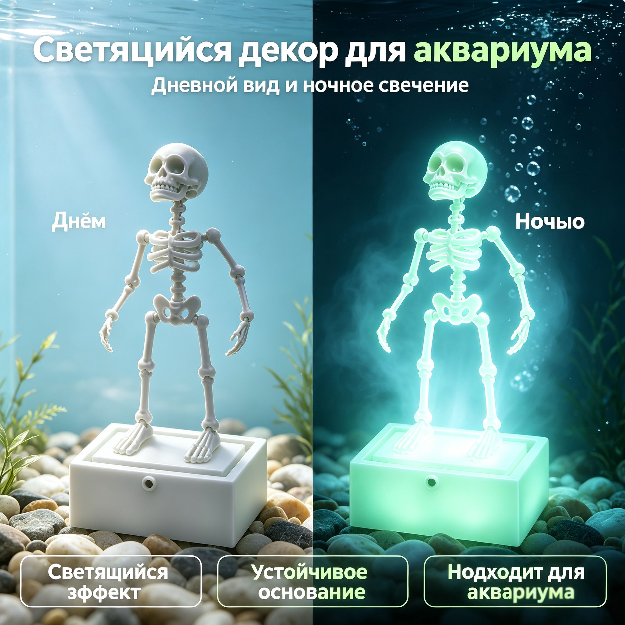 Декоративный скелет для аквариума, подвижные суставы, двигается от пузырьков, светящийся в темноте