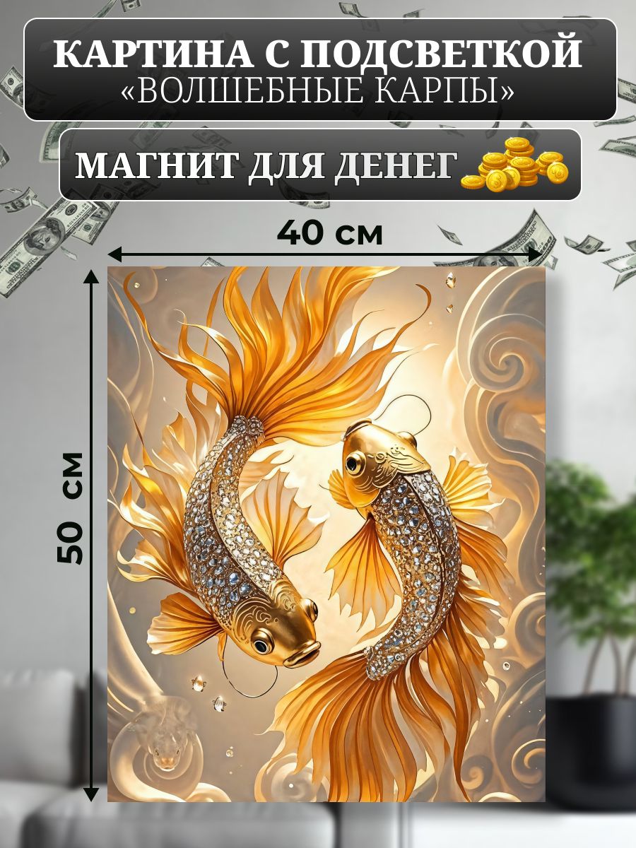Светящаяся картина на стену Карп (ночник), интерьерная, для дома, встроенная LED-подсветка (денежная картина)