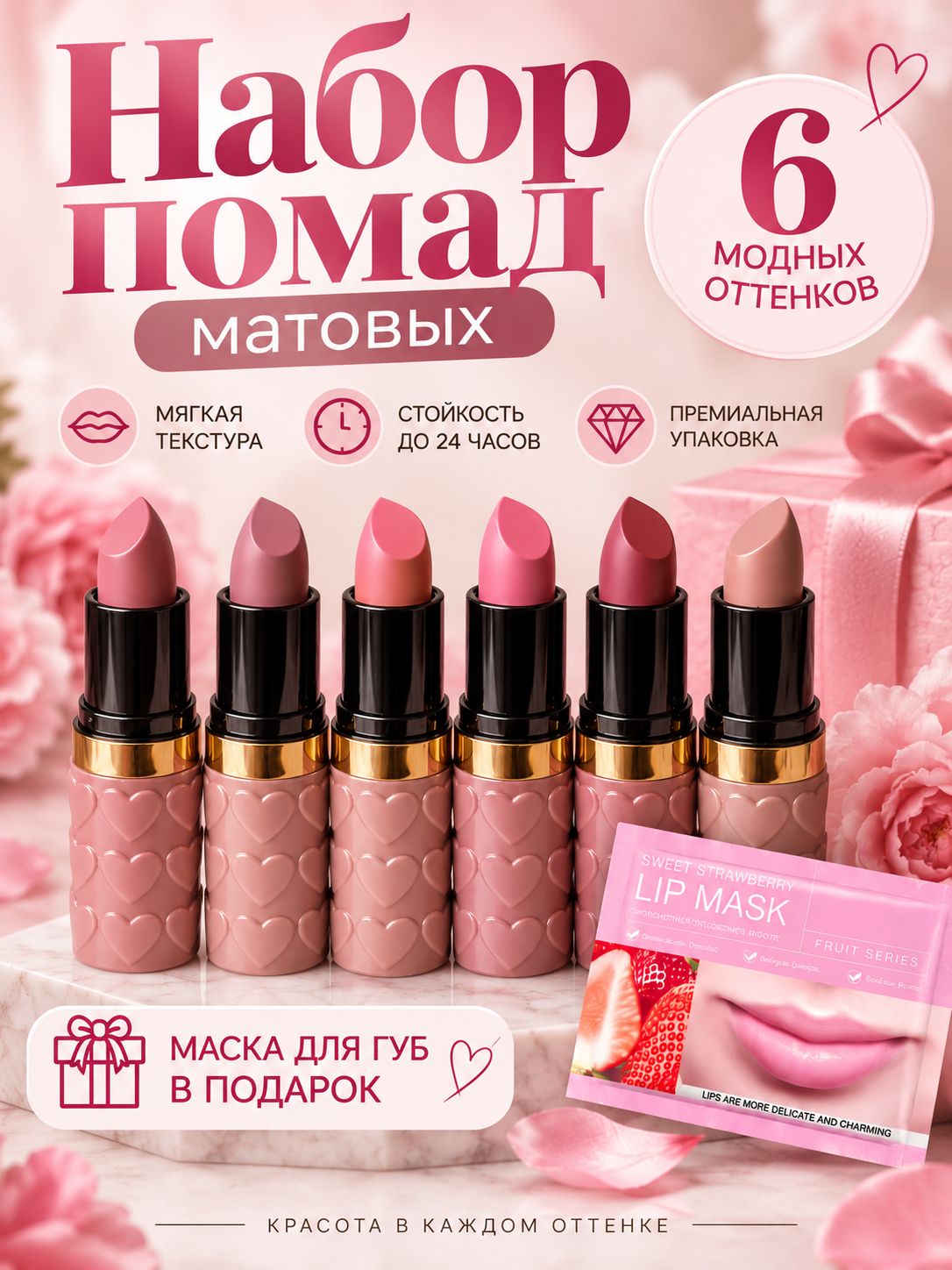 Набор матовых помад для губ 6 шт, розовые и нюдовые оттенки, стойкая губная помада