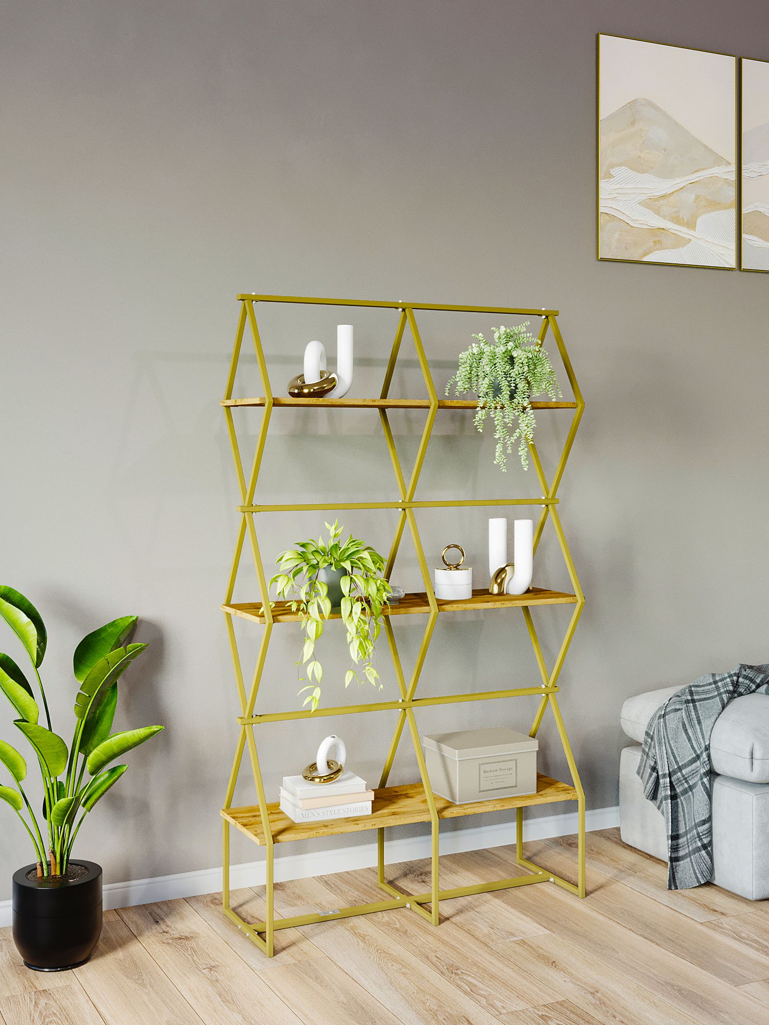 Стеллаж для рассады KM LOFT Ромбо стL золотой/дуб вотан лофт для дома в гостинную перегородка