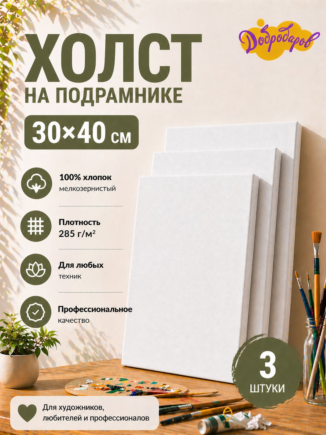 Холст грунтованный на подрамнике 30х40см, 3шт, 285 г/м2, холст для рисования