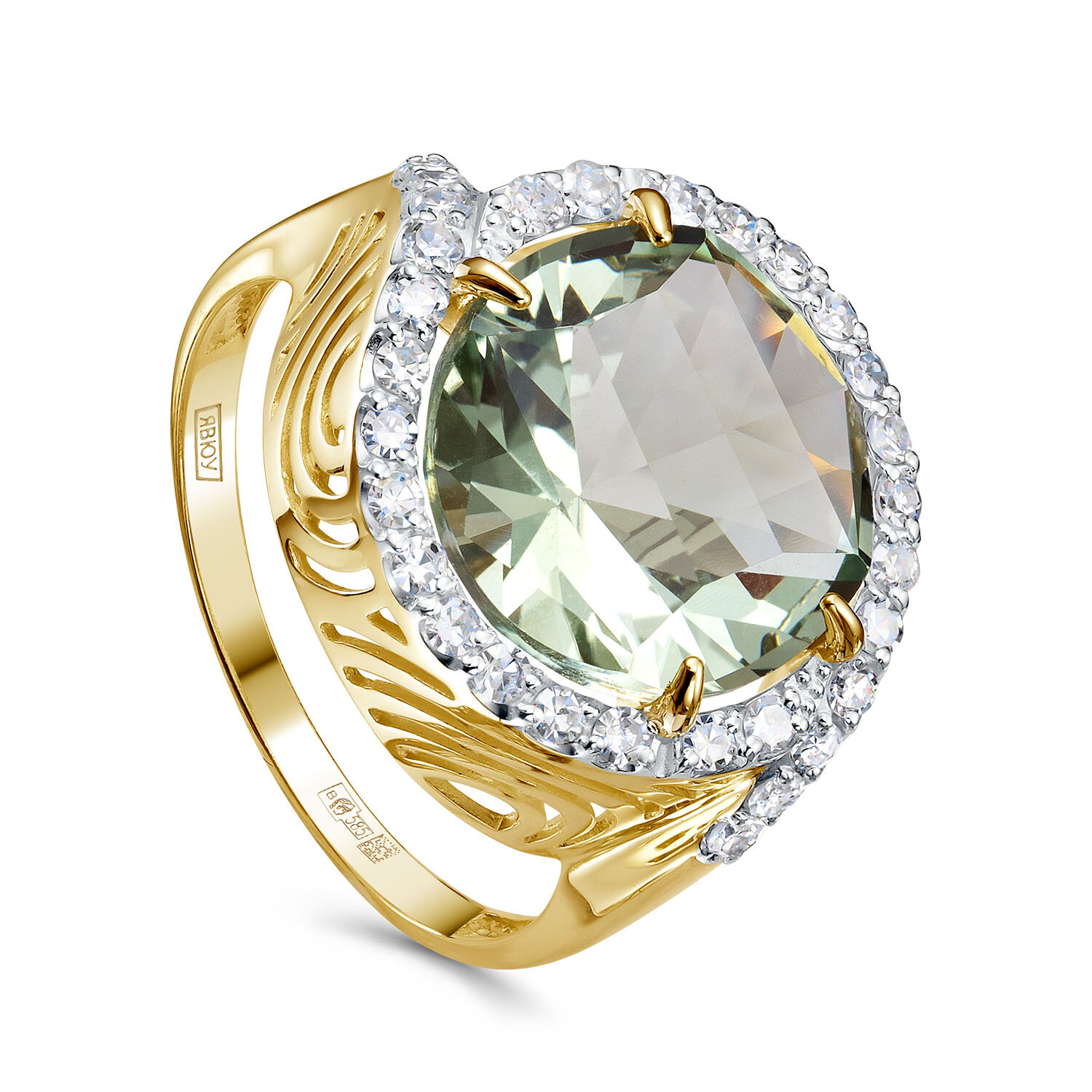 Кольцо JEWELIN, желтое золото, 585 проба, празиолит, бриллиант