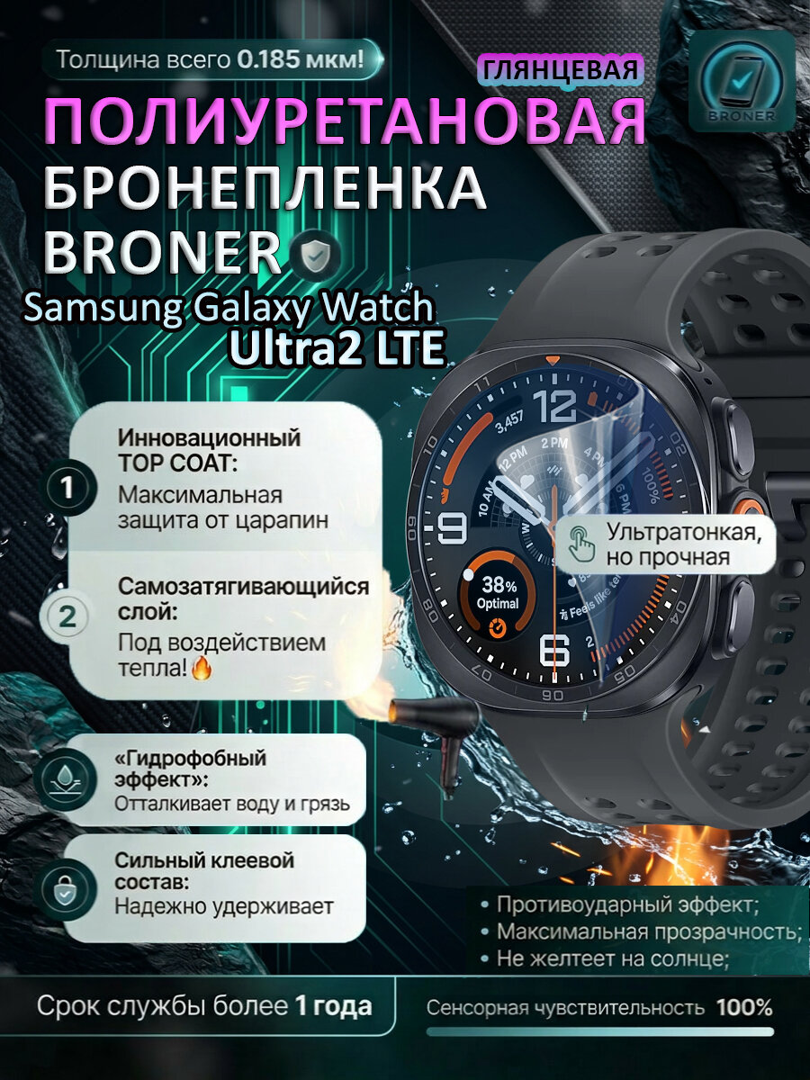 Полиуретановая бронепленка для смарт-часов Samsung Galaxy Watch Ultra 2 LTE (2026) / Защитная плёнка на экран / Глянцевая