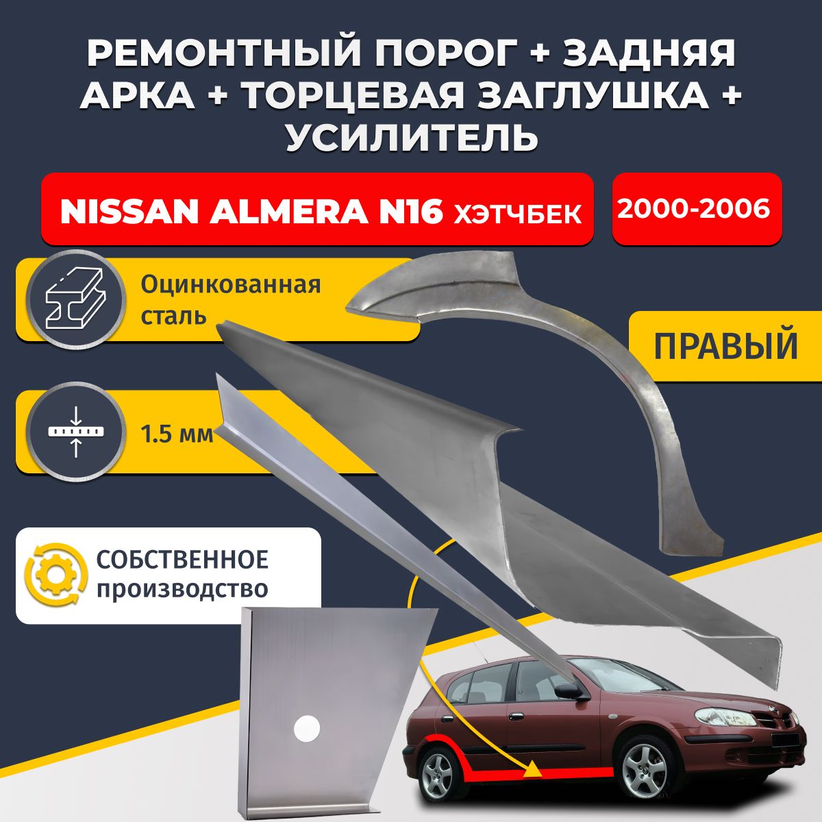 Правая ремонтная задняя арка (0,8 мм) и правый стандартный ремонтный порог + торцевая заглушка + усилитель, на Nissan Almera N16 2000-2006 хэтчбек 5 дв (Ниссан Альмера Н16). Оцинкованная сталь 1,5 мм