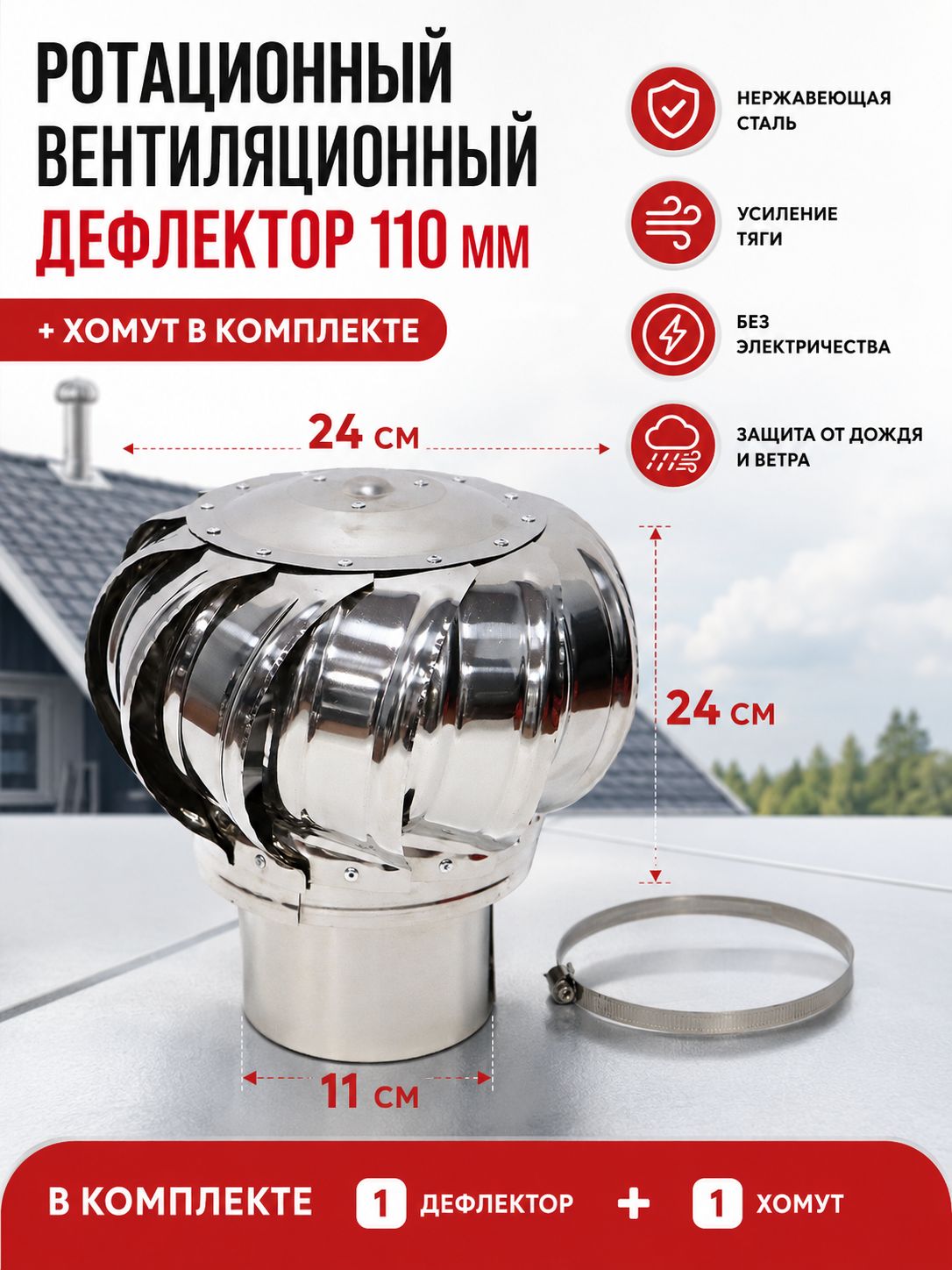 Турбодефлектор 110 мм, для вентиляционной трубы, нержавеющая сталь, усилитель тяги+обруч