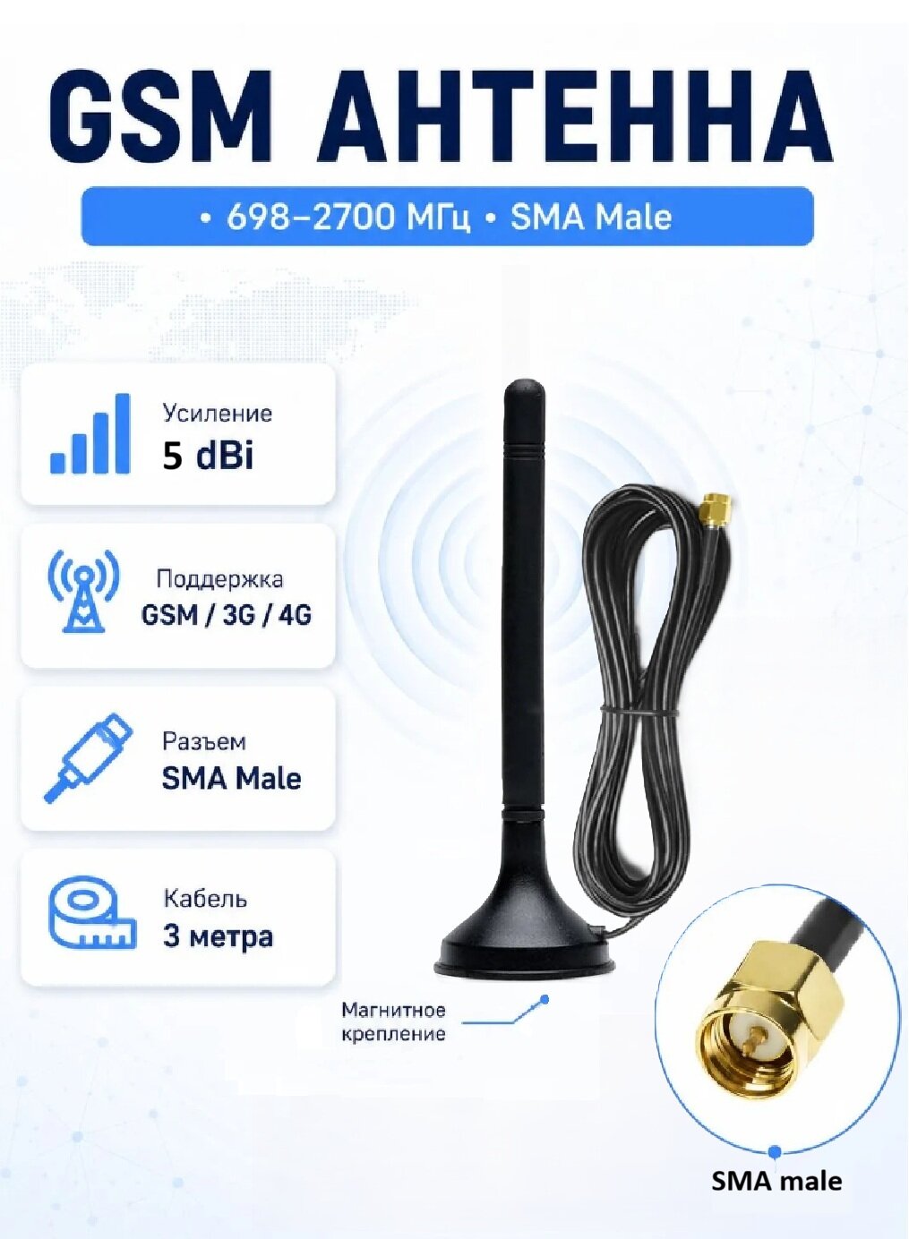 Антенна для GSM модуля с магнитным креплением кабель 3м, разъем SMA (Подходит для RTU5035 RTU5024, G202, G203)
