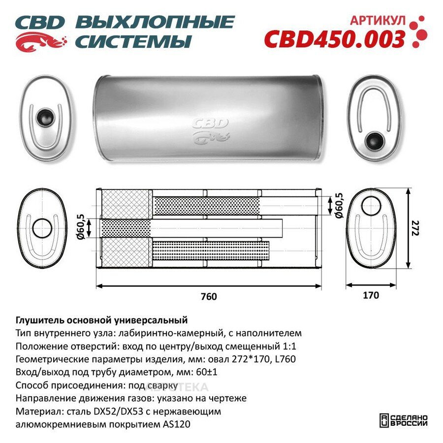 Глушитель осн. универ. Нерж сталь. Овал D272*170 L760. Отвер. по центру/смещ под трубу 60мм "CBD" CBD CBD450003