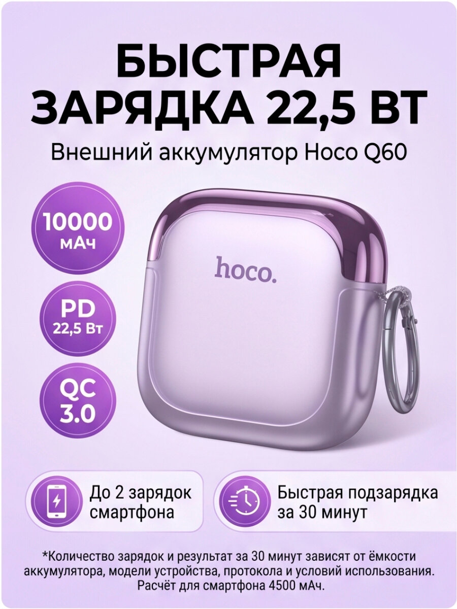 Внешний аккумулятор Q60 10000 мАч 22.5 Вт с кабелем фиолетовый