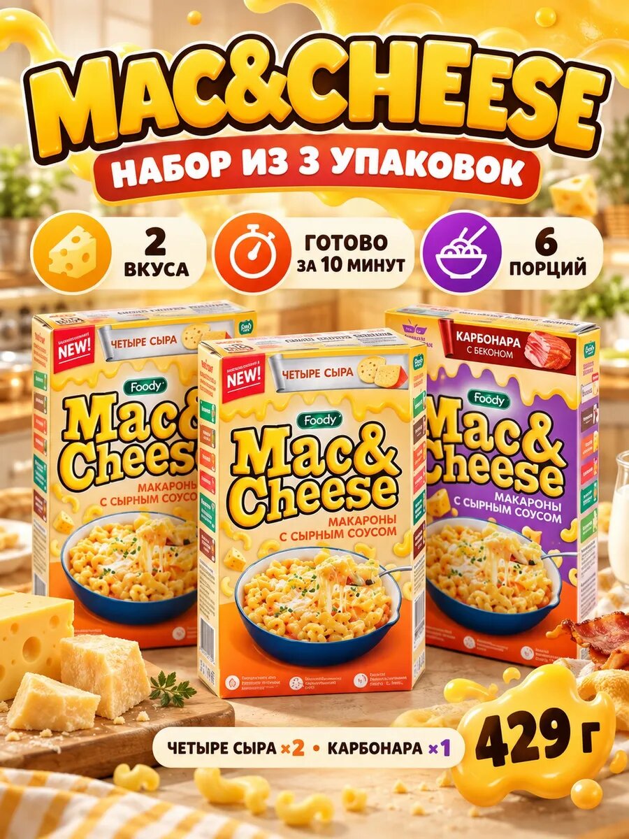 Макароны Mac&Cheese 4 сыра ×2, Карбонара набор 3 шт 429 г, срок годности 306 дней