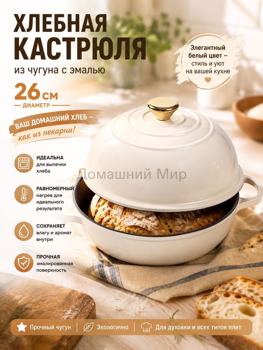 Форма для выпечки 26 см x 26 см 1 шт чугун круглая антипригарное покрытие белый