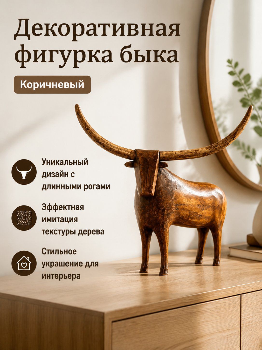 Декоративная фигурка быка 22×18×7,5 см, имитация дерева, стильный интерьерный декор для дома