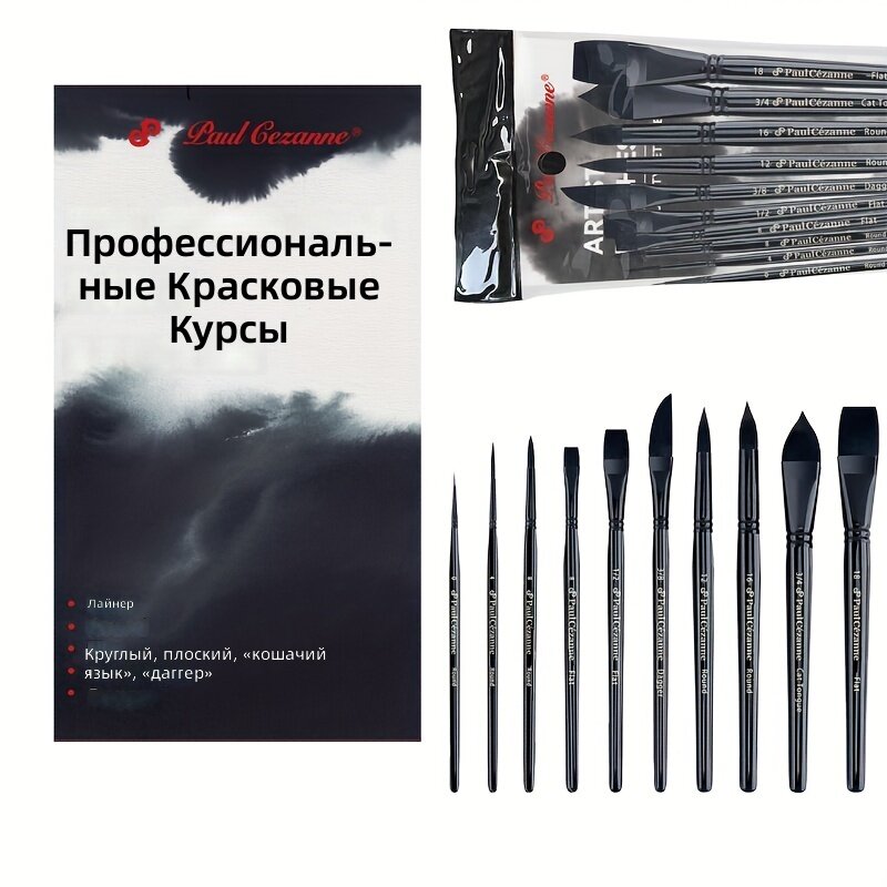Набор из 10 кистей для живописи с черными ручками хвостовидного дизайна, смешанным ворсом, 10 размерами, модель T10-263