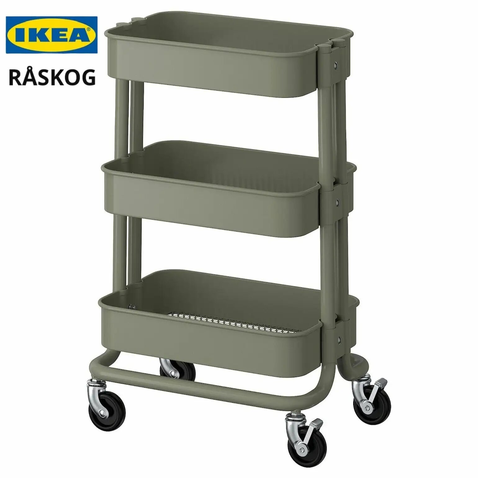 Эксклюзивная серозеленая тележка RASKOG от IKEA, размеры 28 38 61 см
