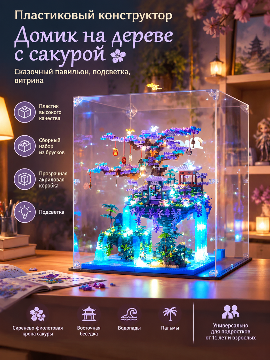 Пластиковый конструктор «Домик на дереве с сакурой»: сказочный павильон, подсветка, витрина