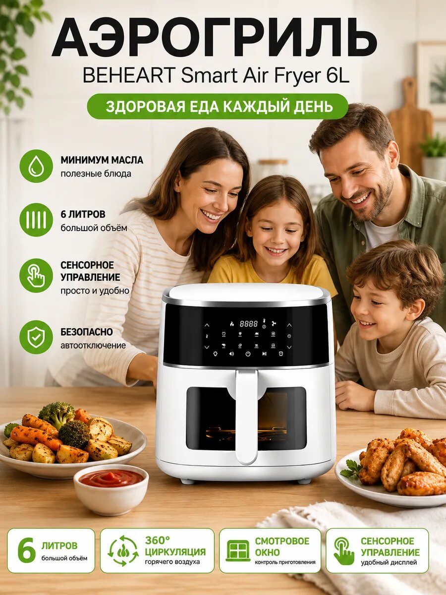 Аэрогриль BEHEART Smart Air Fryer 6 л, с окном и сенсорным управлением, BE2504ACN