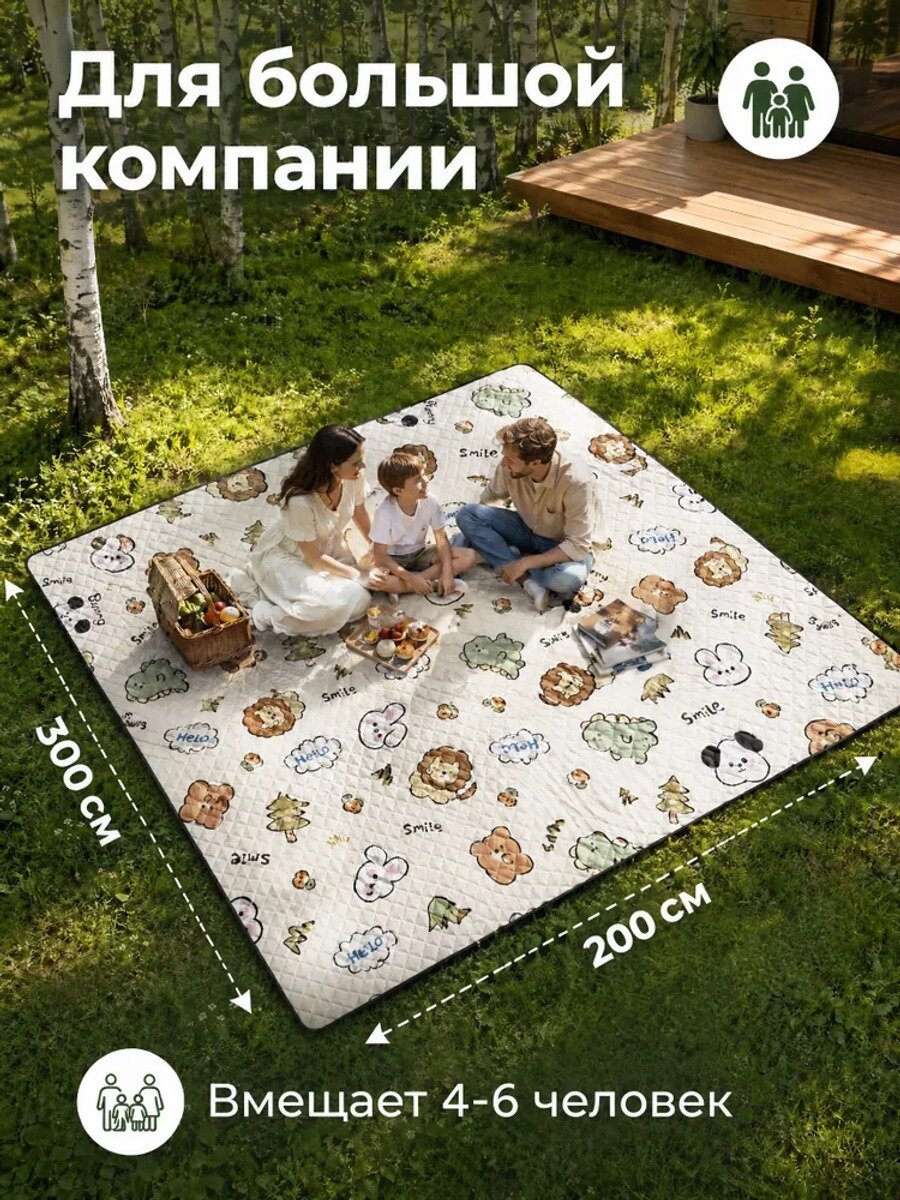 Плед непромокаемый, для пикника , 200 см х 300 см, Цвет Счастливый зоопарк
