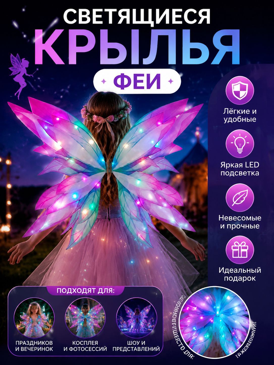Светящиеся крылья феи разноцветная LED подсветка