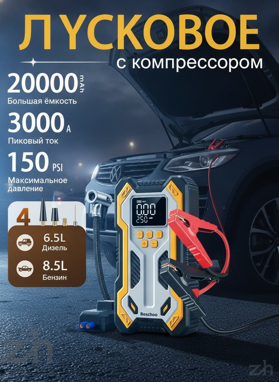 Пуско-зарядное устройство автомобильный бустер 20000 мАч макс ток 3000 А с компрессором и фонарем