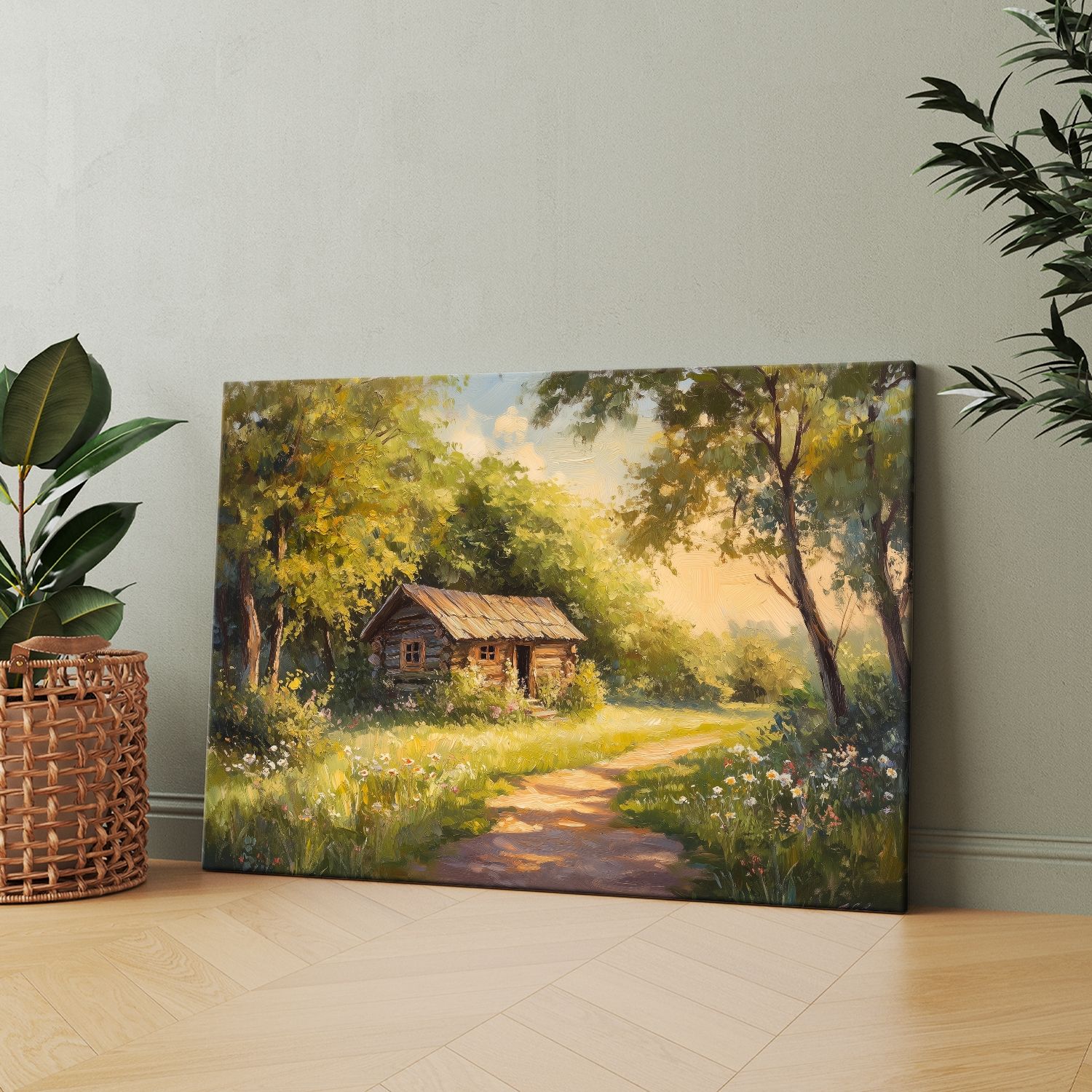 Картина на холсте (деревня, домик, лес, тропинка, лето, природа, живопись) 30x40 см. Интерьерная на стену. Украшение в комнату. В подарок.